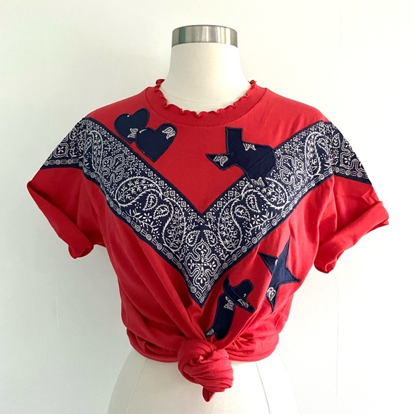 Vintage | Tops | Vintage 8s Red Blue Bandana Western Appliqu Tshirt Top ...